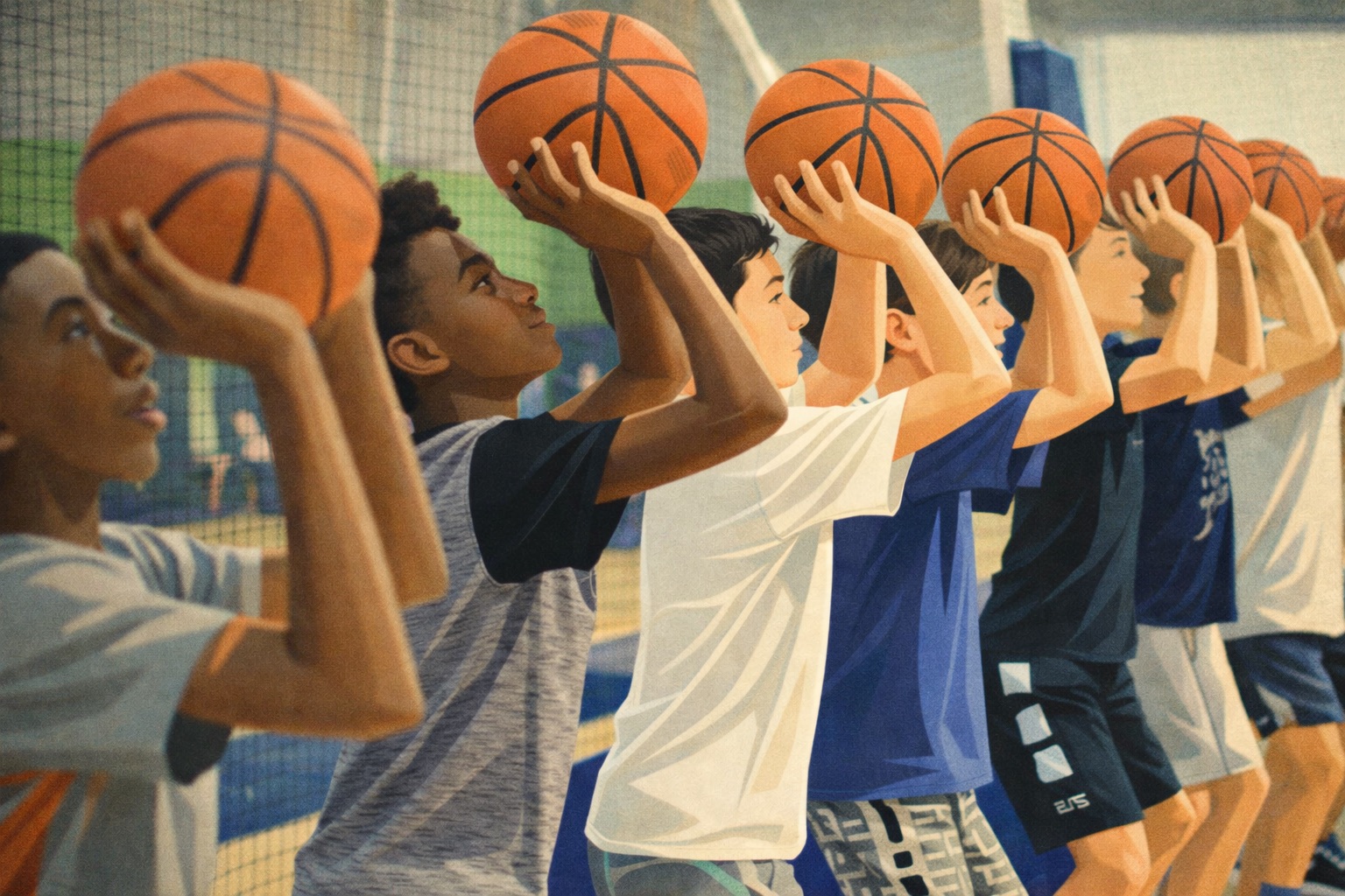 A few young kids in a basketball lessons