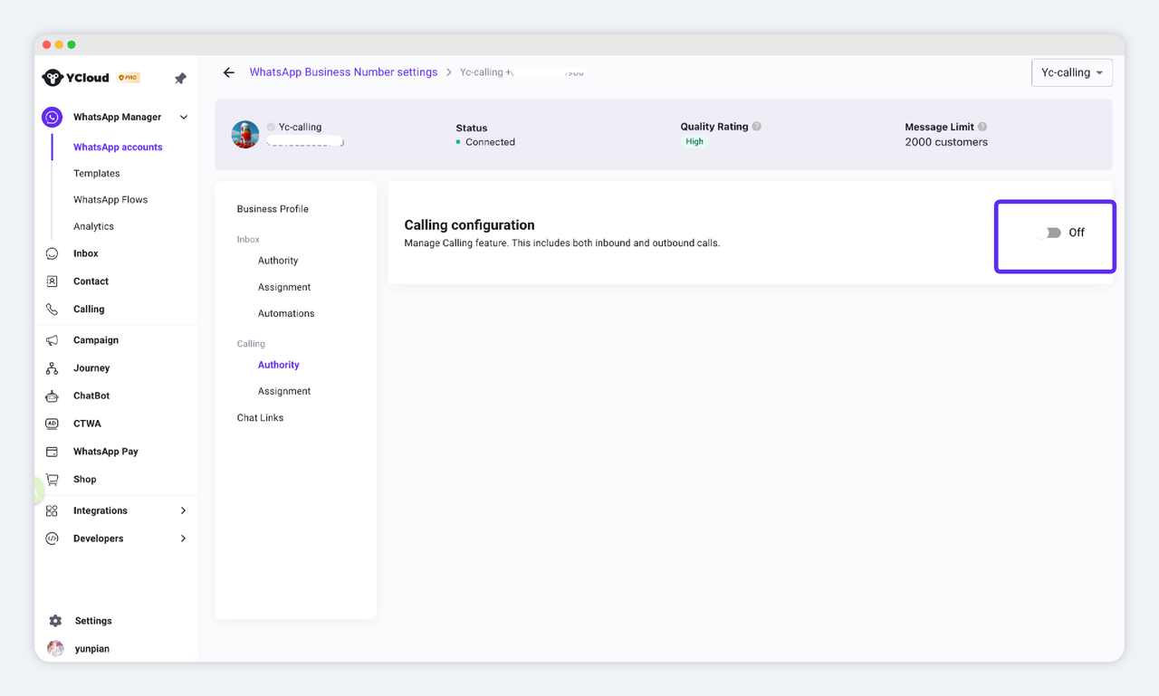 How to Enable WhatsApp Calling on YCloud